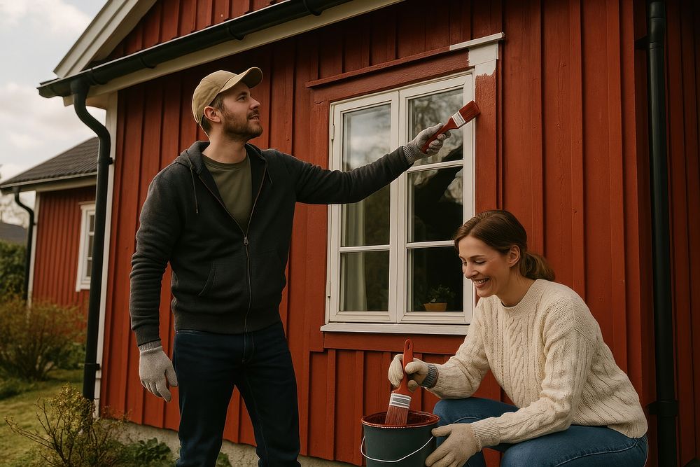 Couple painting red house exterior | Free Photo - rawpixel