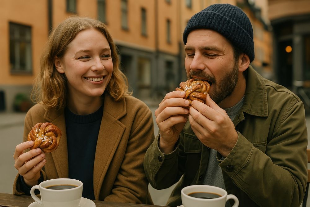 Couple enjoying pastries outdoors. | Free Photo - rawpixel