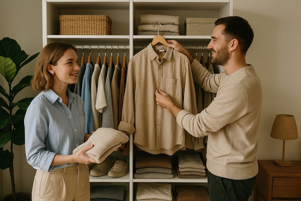Couple organizing minimalist wardrobe. | Free Photo - rawpixel