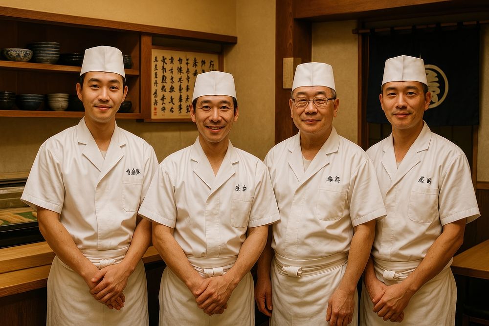 Traditional Japanese sushi chefs smiling | Free Photo - rawpixel
