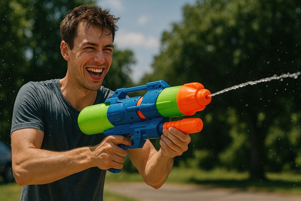 Joyful water gun fun outdoors. | Free Photo - rawpixel
