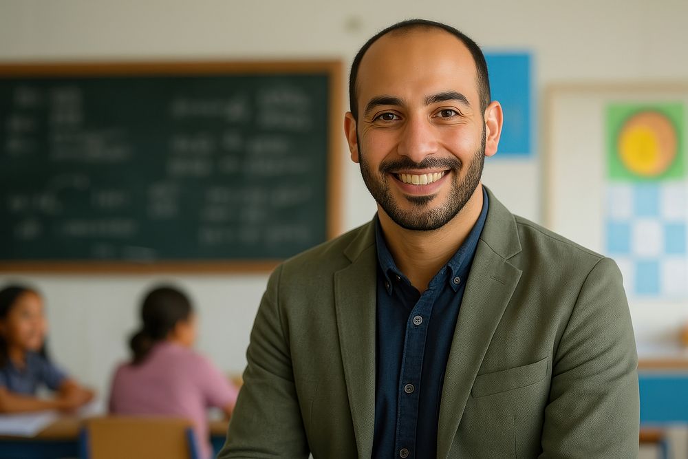 Confident teacher in classroom smiling. | Free Photo - rawpixel