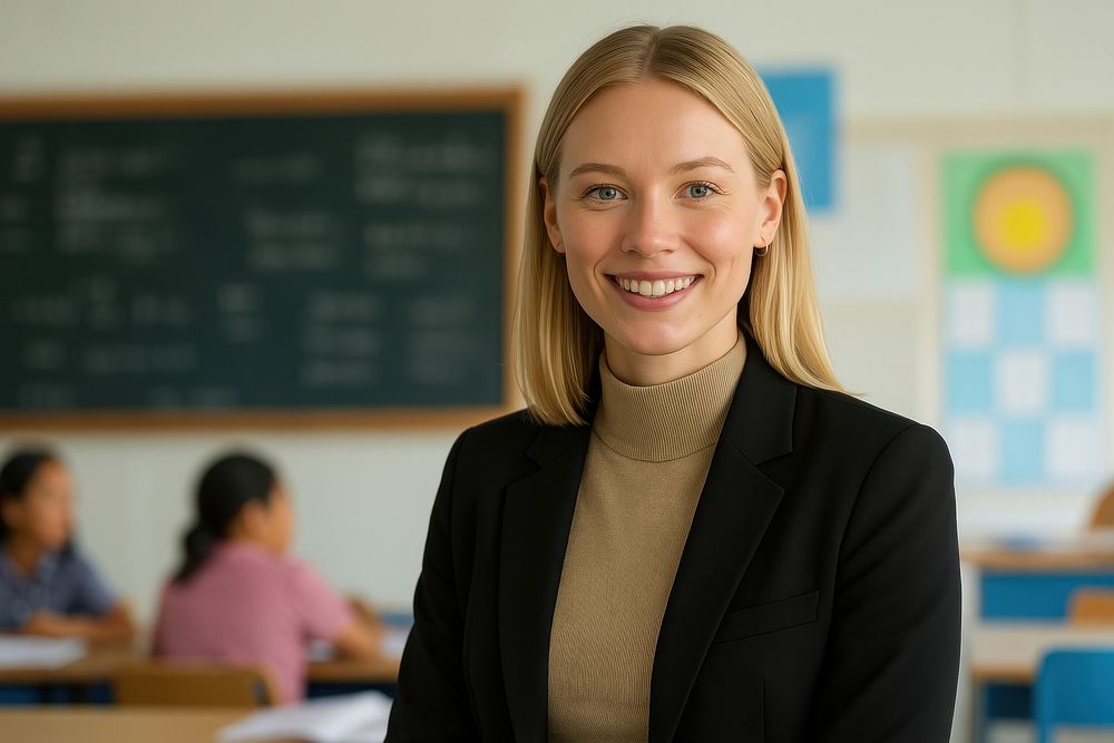 Confident teacher in classroom setting. | Free Photo - rawpixel
