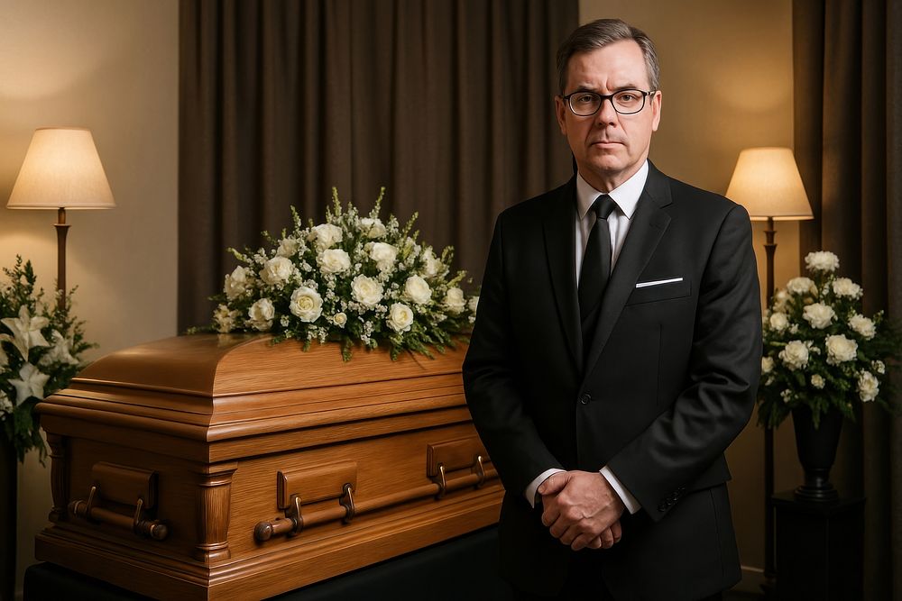 Funeral director beside wooden casket. | Free Photo - rawpixel