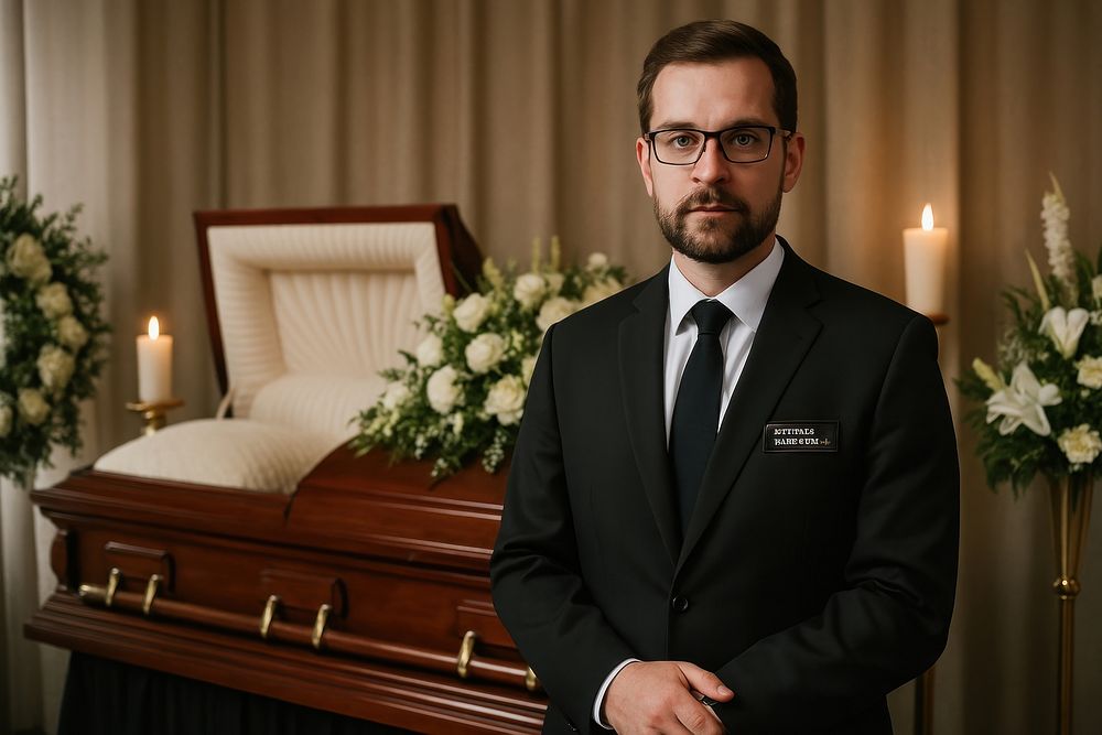 Funeral director beside wooden casket | Free Photo - rawpixel