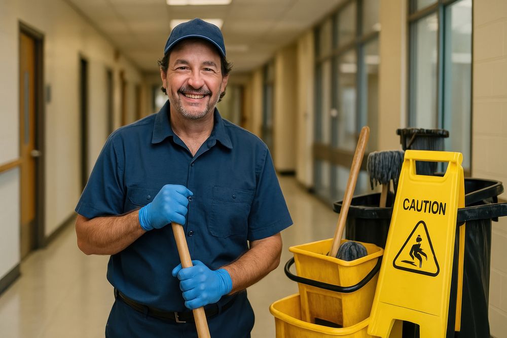 Janitor smiling with cleaning tools. | Free Photo - rawpixel