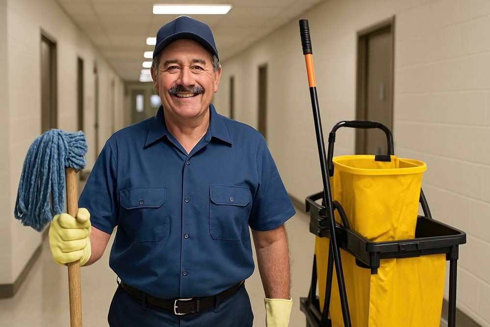 Smiling janitor with cleaning equipment | Free Photo - rawpixel