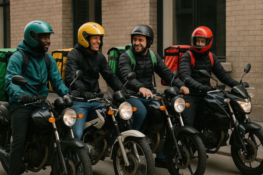Delivery riders on motorbikes smiling. | Free Photo - rawpixel