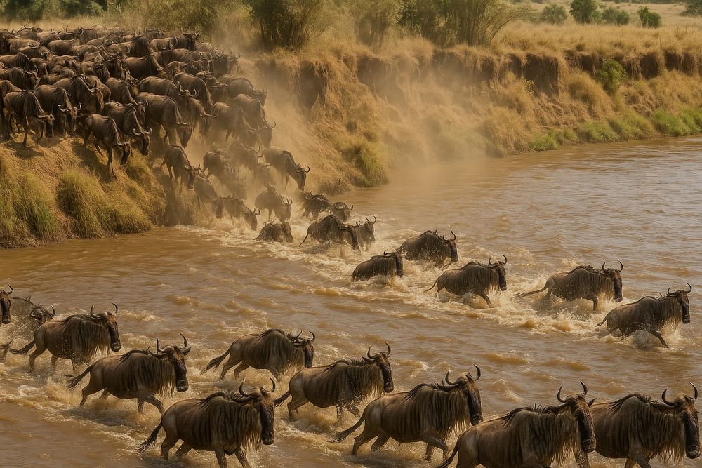 Wildebeest crossing river migration | Free Photo - rawpixel