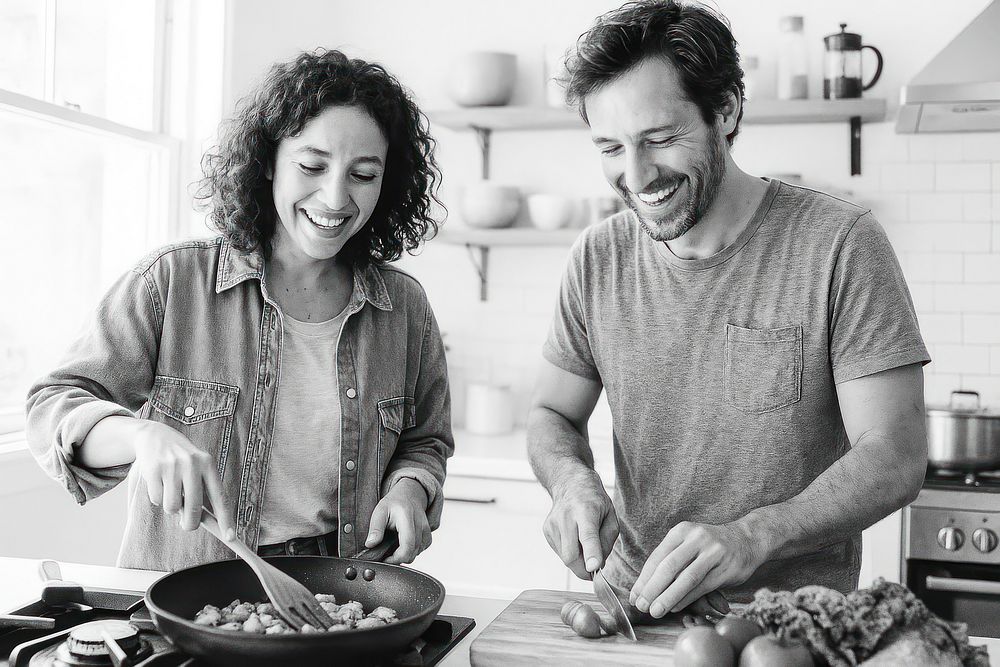 Happy couple cooking together. | Free Photo - rawpixel