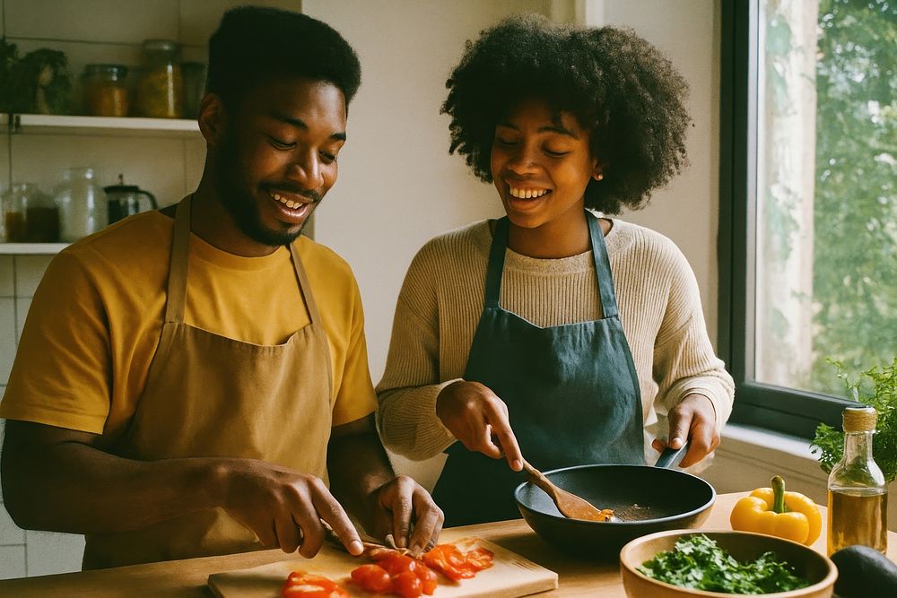 Couple cooking together happily | Free Photo - rawpixel
