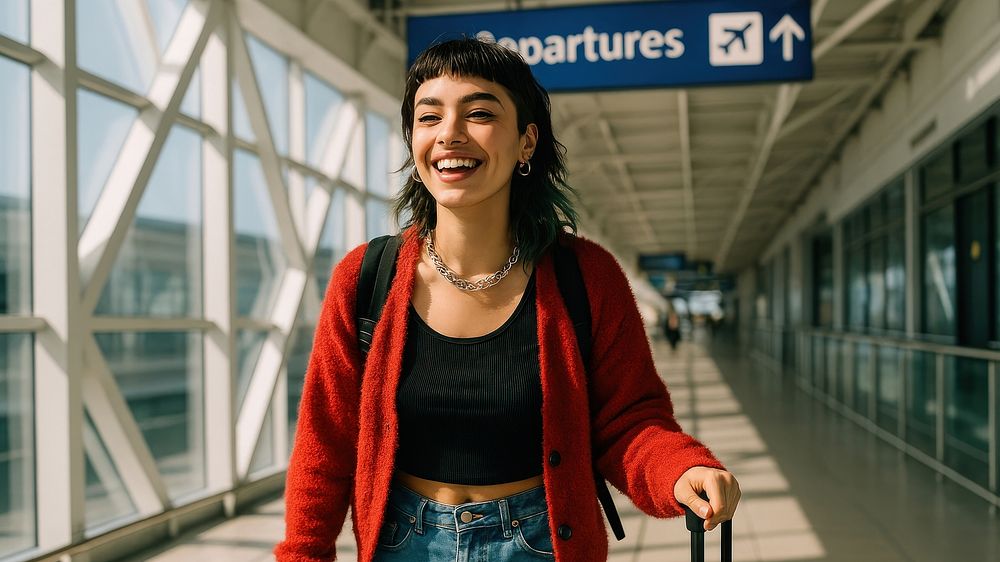 Joyful traveler at airport terminal | Free Photo - rawpixel