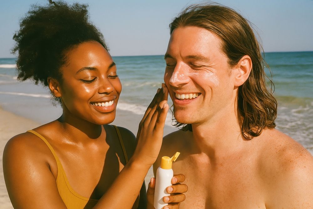 Couple enjoying beach sunscreen | Free Photo - rawpixel