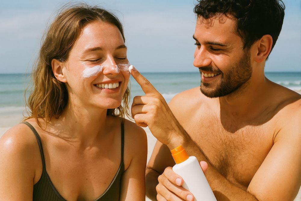 Couple enjoying beach sunscreen. | Free Photo - rawpixel