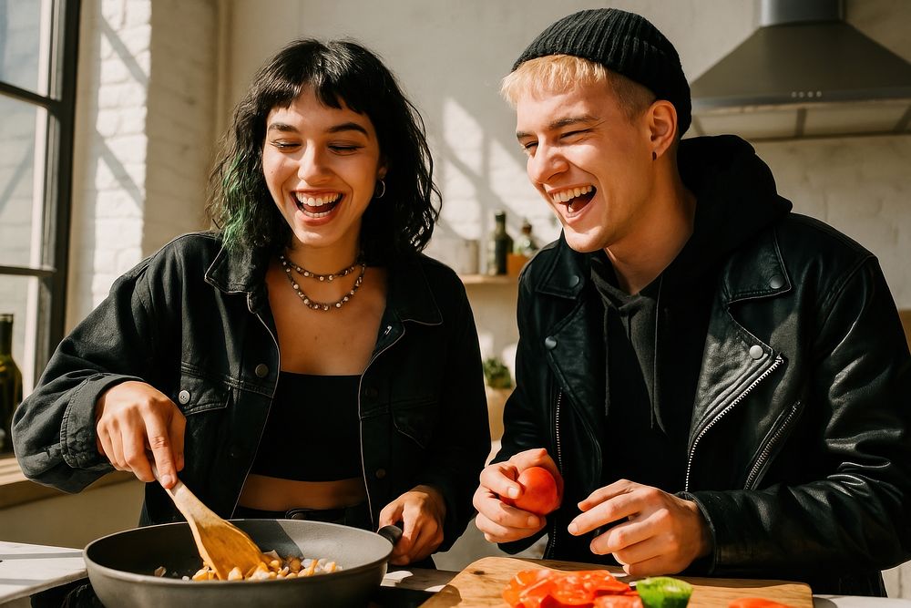 Two people cooking together, smiling | Free Photo - rawpixel