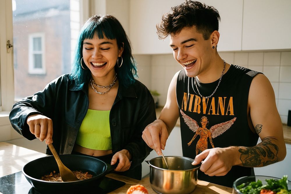 Young couple cooking together happily. | Free Photo - rawpixel
