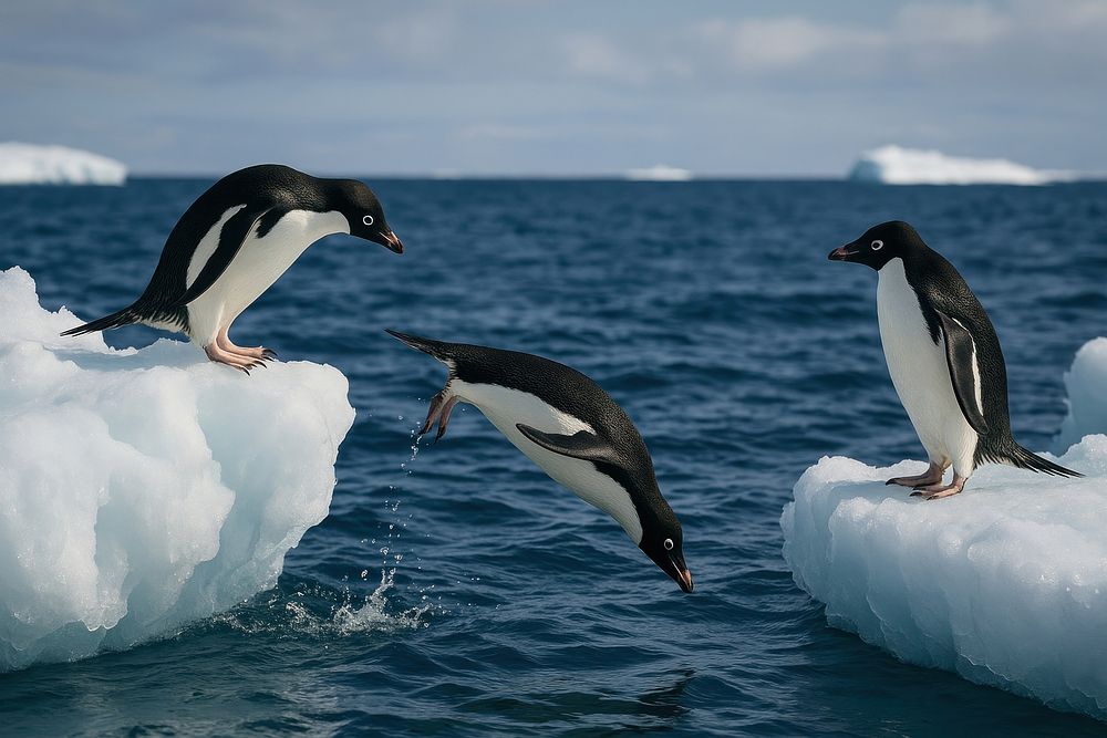 Penguins leaping icy waters. | Free Photo - rawpixel