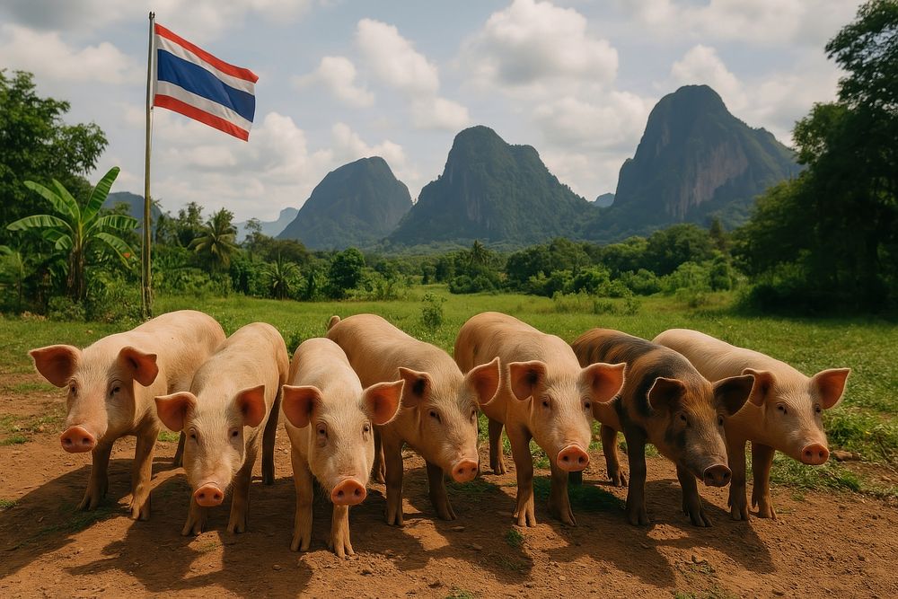 Pigs under Thai flag mountains. | Free Photo - rawpixel