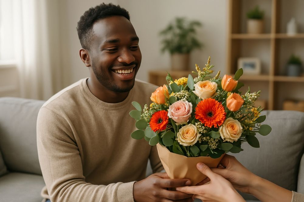 Joyful man receiving flower bouquet. | Free Photo - rawpixel