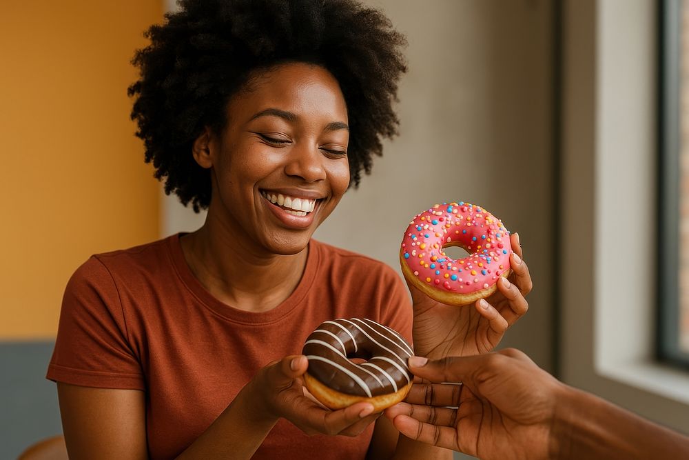 Joyful donut sharing moment. | Free Photo - rawpixel