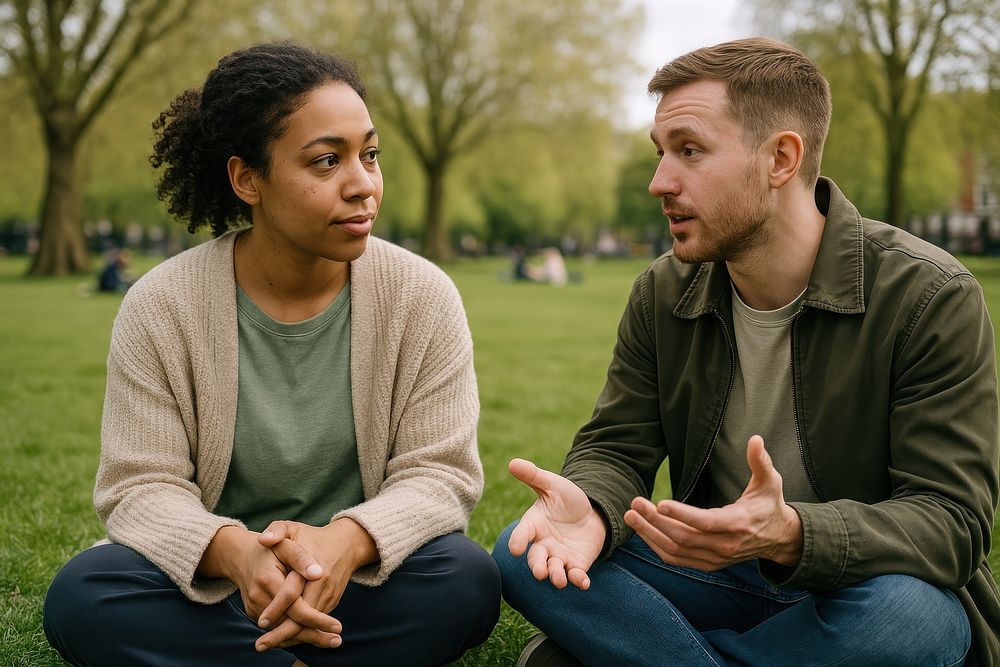 Two people conversing outdoors | Free Photo - rawpixel