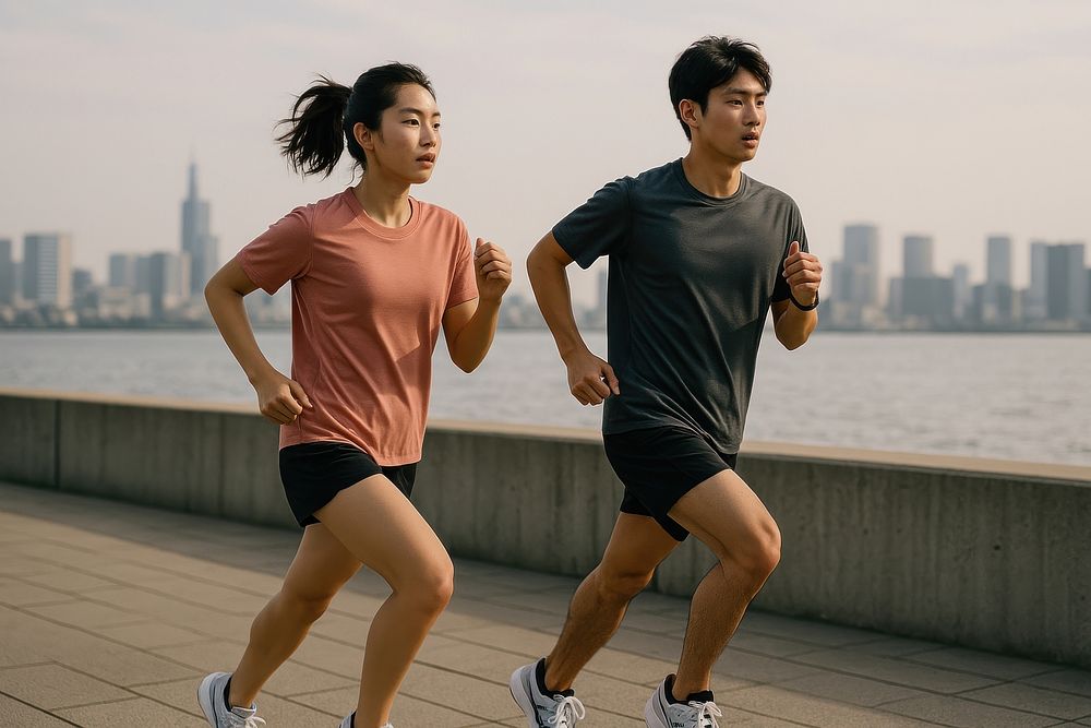 Couple jogging urban waterfront scenery | Free Photo - rawpixel