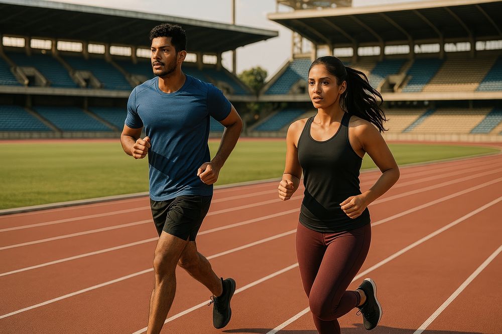 Athletic duo running track | Free Photo - rawpixel
