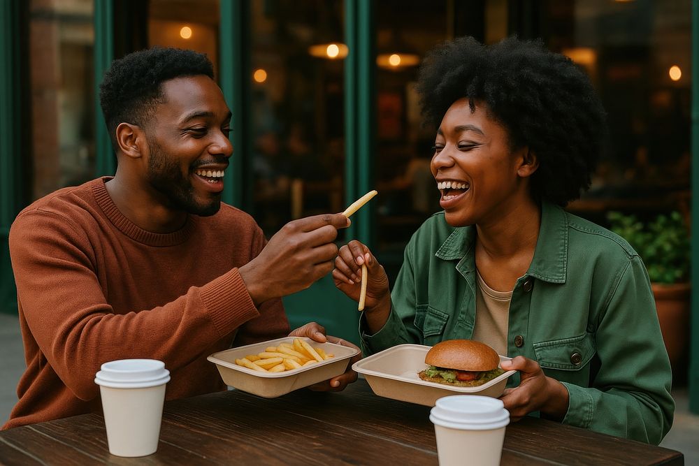 Happy couple enjoying fast food. | Free Photo - rawpixel