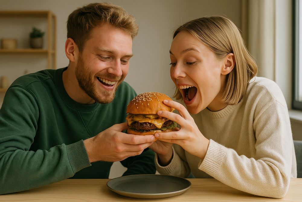Happy couple sharing burger | Free Photo - rawpixel