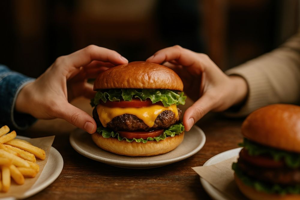 Delicious cheeseburger shared joyfully. | Free Photo - rawpixel