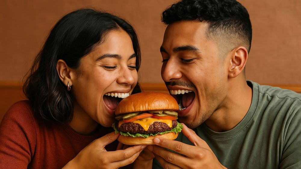 Couple sharing delicious burger. | Free Photo - rawpixel
