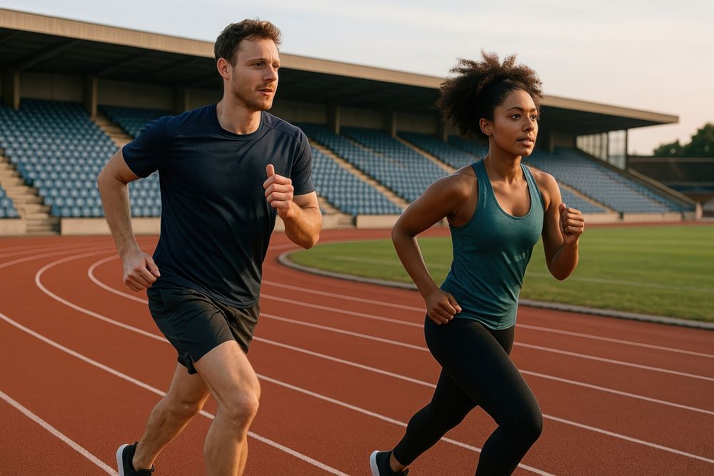 Athletic duo running track | Free Photo - rawpixel