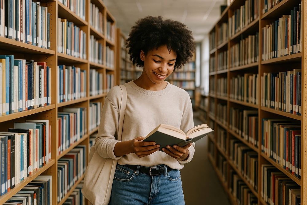Woman reading book library shelves | Free Photo - rawpixel
