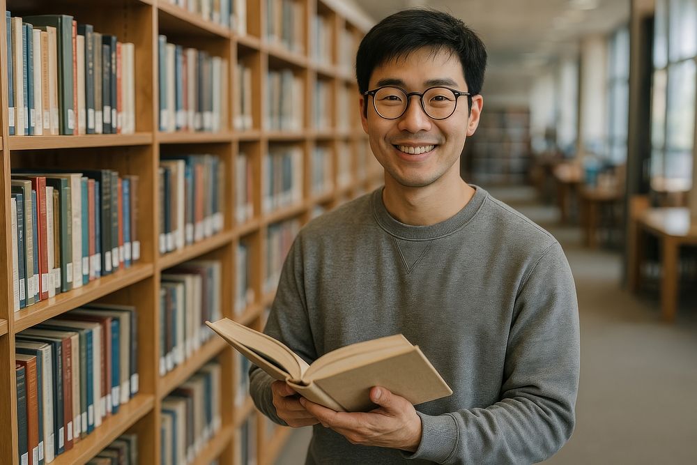 Smiling student reading library books. | Free Photo - rawpixel