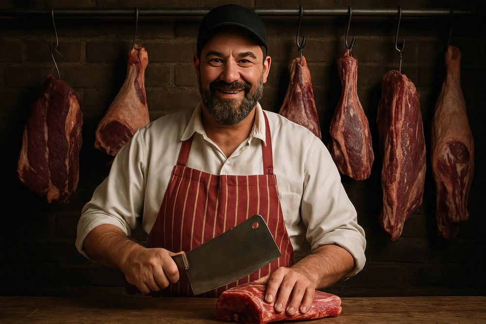Butcher smiling with meat. | Free Photo - rawpixel