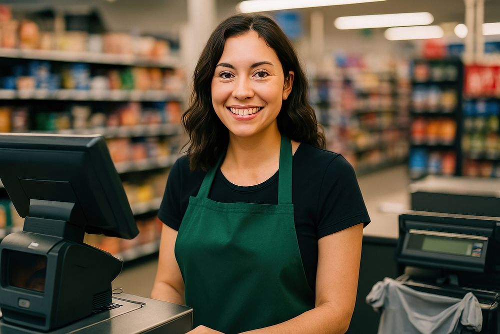 Smiling cashier in grocery store. | Free Photo - rawpixel