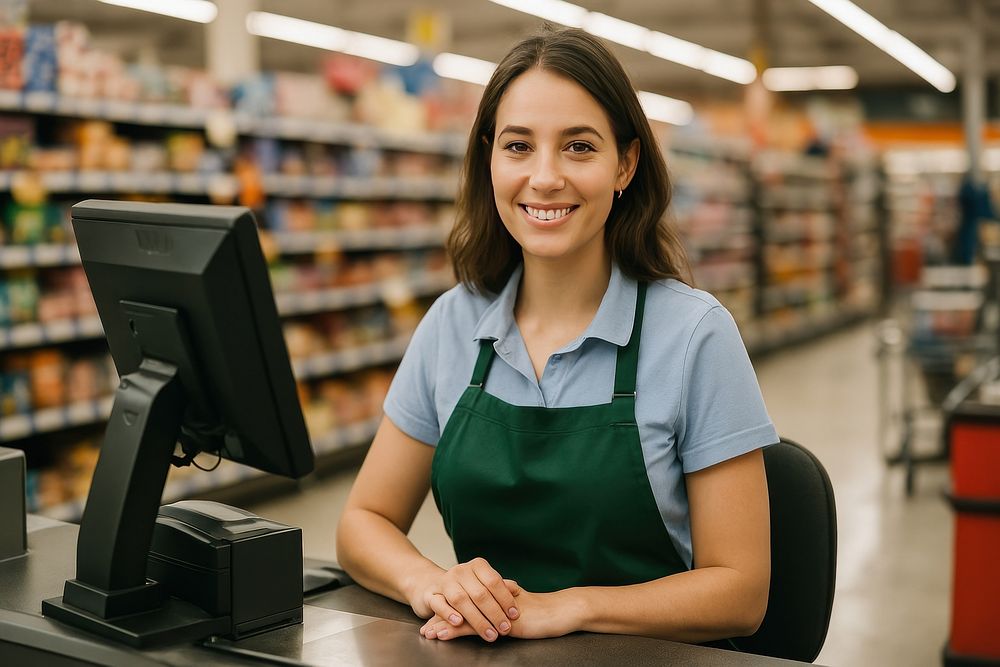 Friendly cashier in grocery store. | Free Photo - rawpixel