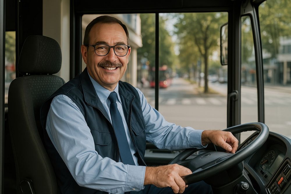 Bus driver smiling confidently inside. | Free Photo - rawpixel