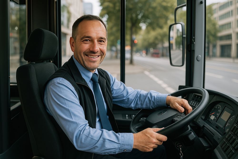 Smiling bus driver inside vehicle. | Free Photo - rawpixel