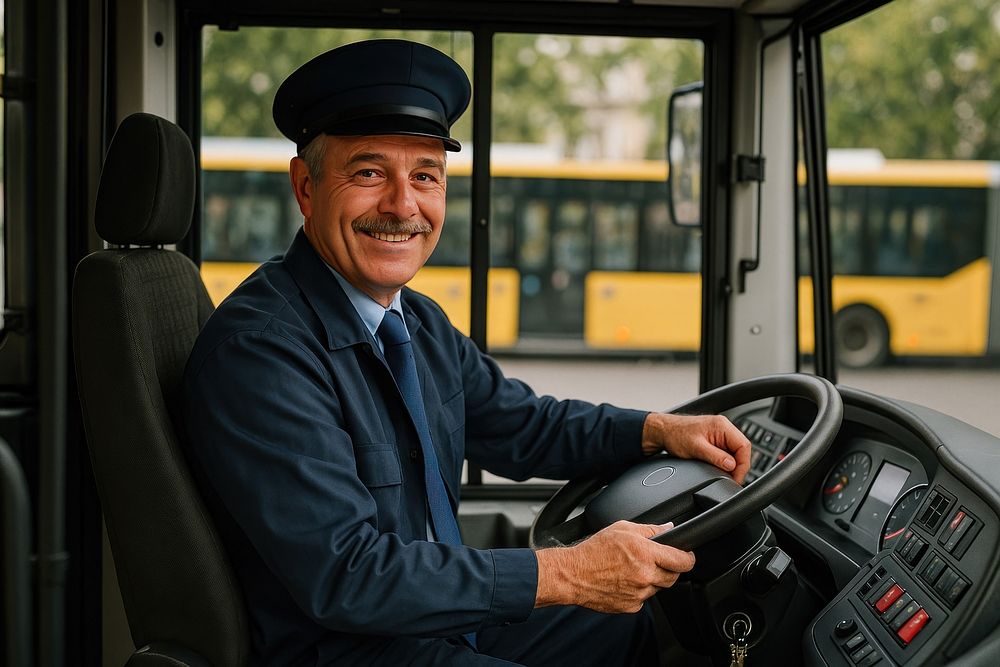 Smiling bus driver inside vehicle. | Free Photo - rawpixel
