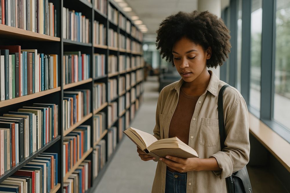 Woman reading book library | Free Photo - rawpixel
