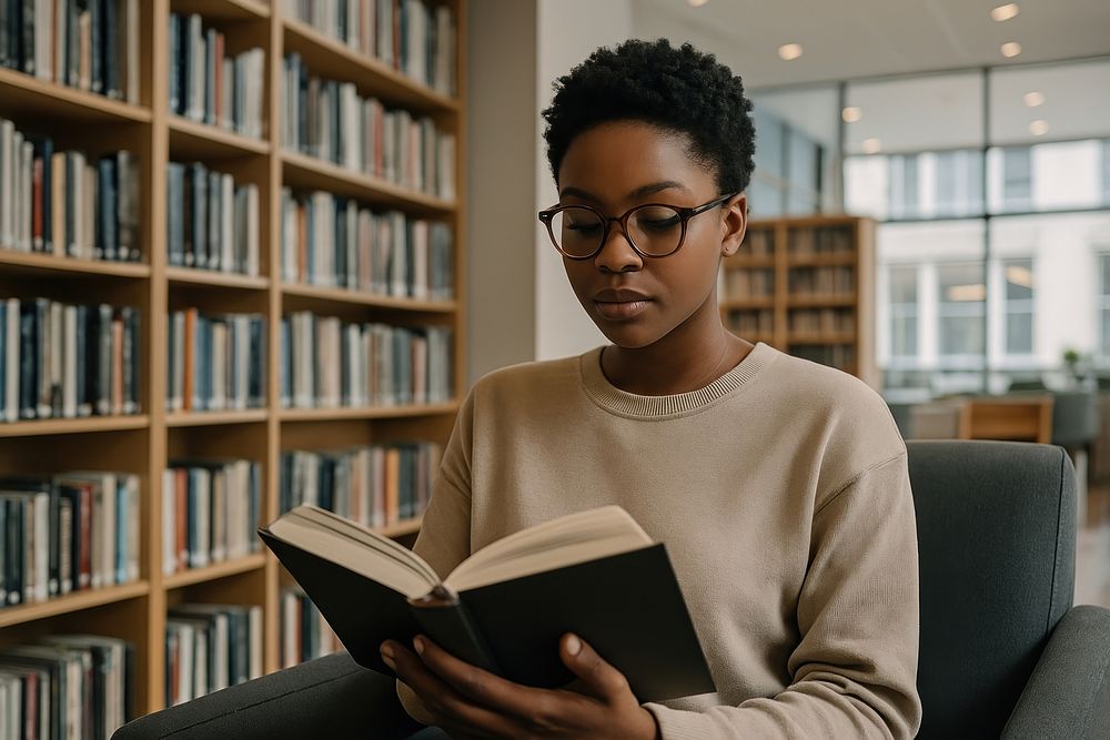 Focused reader in modern library. | Free Photo - rawpixel
