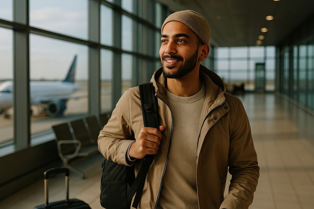 Traveler smiling at airport terminal. | Free Photo - rawpixel