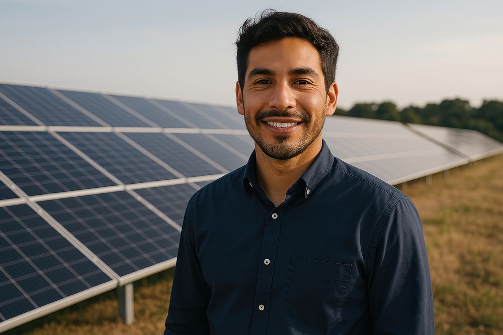 Man smiling near solar panels. | Free Photo - rawpixel
