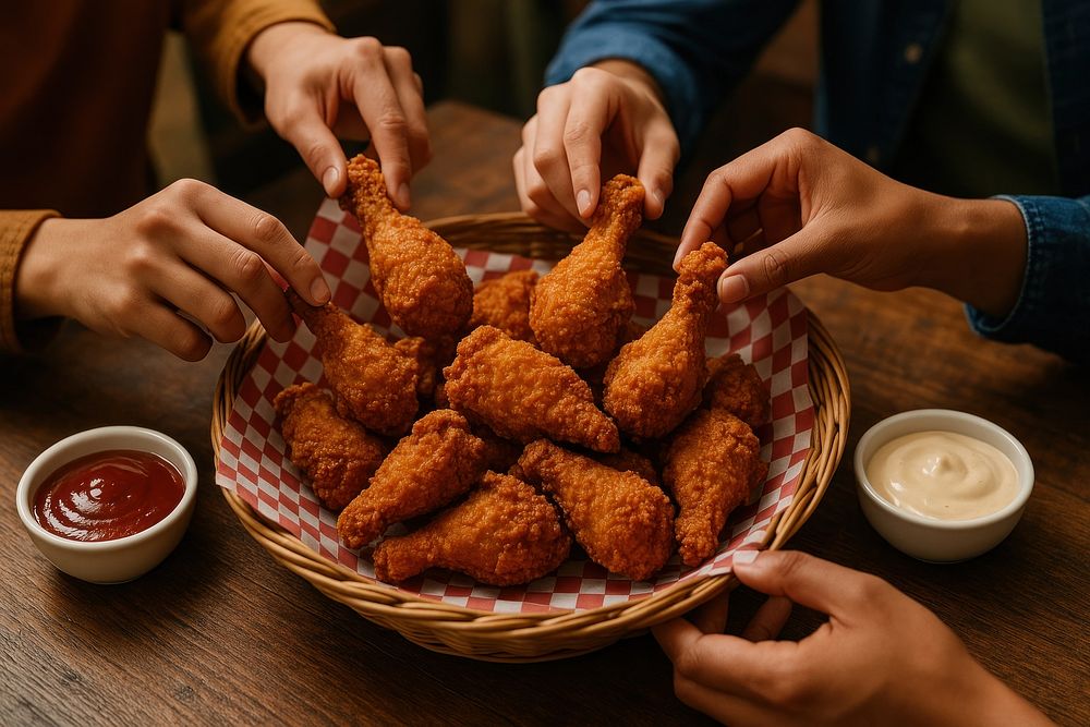 Crispy chicken shared joyfully. | Free Photo - rawpixel