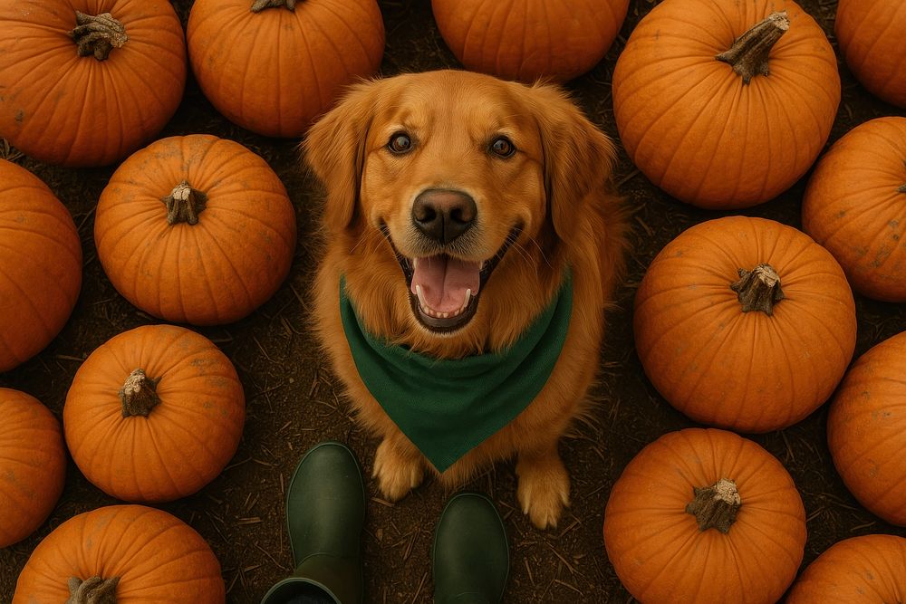 Dog surrounded by pumpkins smiling | Free Photo - rawpixel
