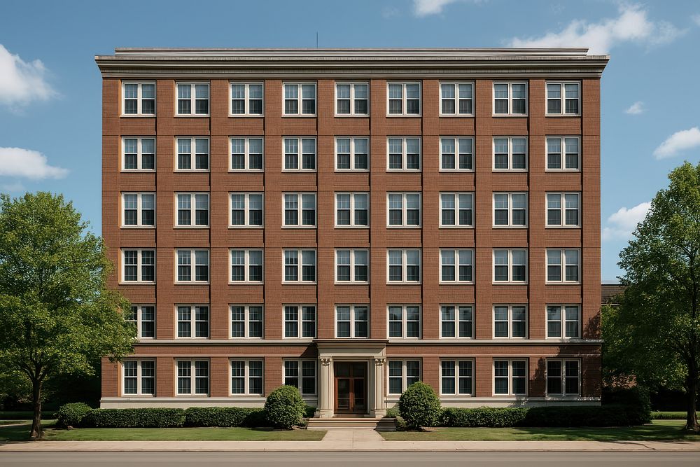 Symmetrical brick office building facade | Free Photo - rawpixel