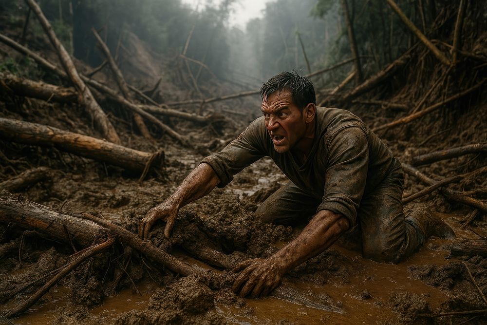 Man struggles in muddy wilderness. | Free Photo - rawpixel
