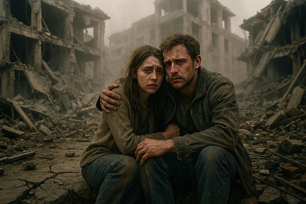 Desolate war-torn couple embrace | Free Photo - rawpixel