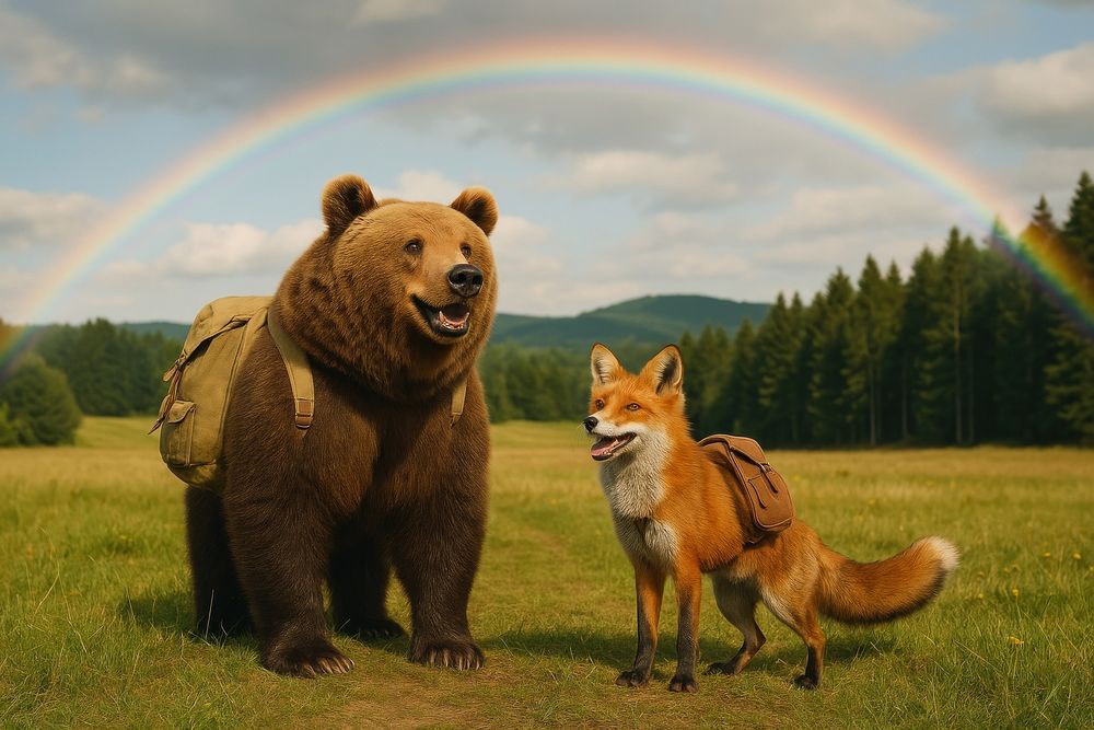 Bear fox adventure rainbow friendship | Free Photo - rawpixel